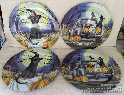 4 NEW HALLOWEEN MELAMINE DINNER PLATE BLACK CATS WITCH HAT VINTAGE ...