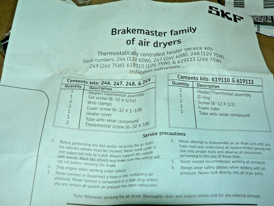SKF BRAKEMASTER AIR DRYER SERVICE KITS 619110 619111 24 VOLT | eBay