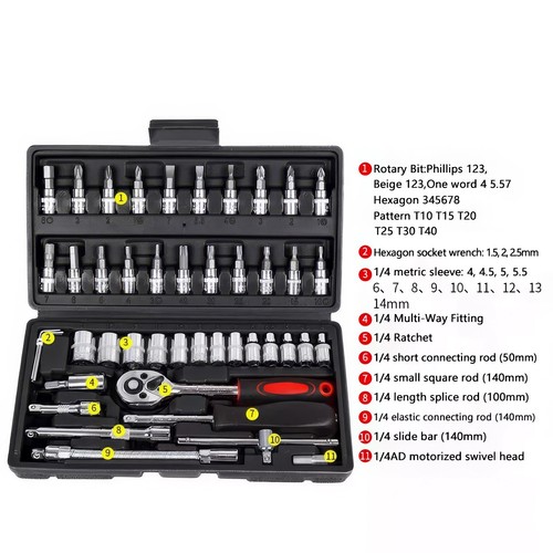 46Pcs Socket Set Car Repair Tool Ratchet Torque Wrench Kit 1/4" Drive ...
