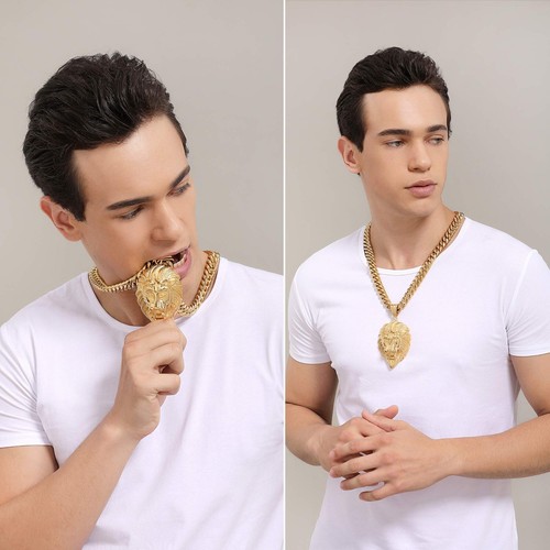 Gold Mens Heavy Necklace Stainless Steel Big Lion Pendant Miami Cuban ...
