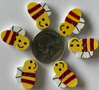YELLOW/BROWN BUMBLE BEE Dimensional Wooden Button (6pc)Bug•Buzz•Sew-On ...