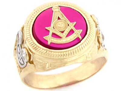 10k or 14k Gold Past Master Freemason Masonic Simulated Ruby CZ Mens ...