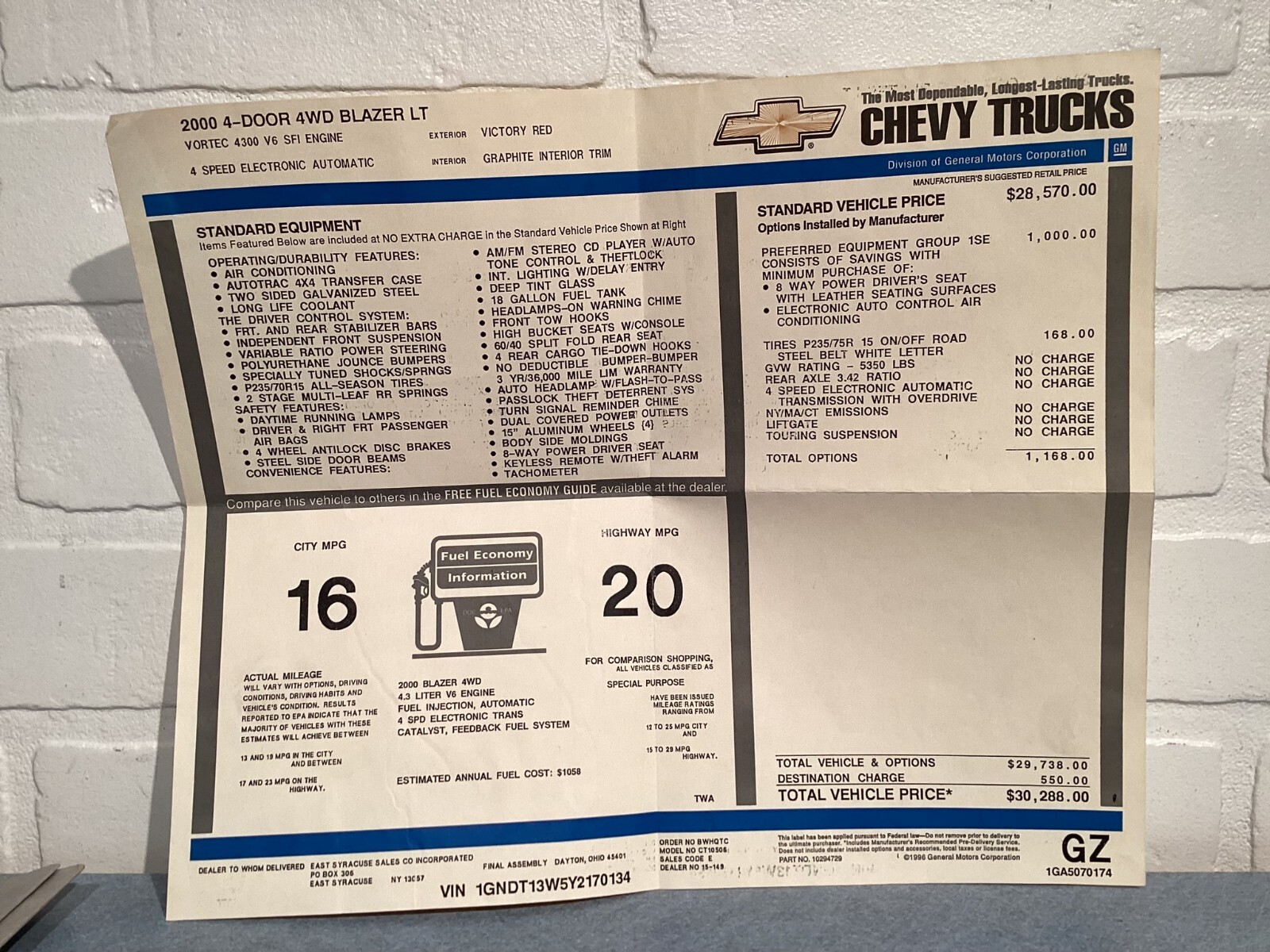 Original GM Monroney Window Stickers Chevrolet Buick Pontiac - Choose ...