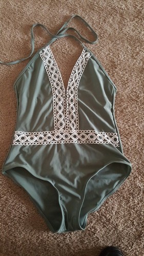 ladies 1 piece olive green bathing suit w/ crothced accents deep v-neck ...