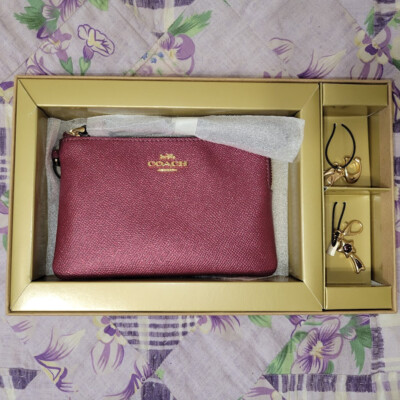 Coach Glitter Black Cherry Corner Zip Wristlet With 2 Charms & Coach ...