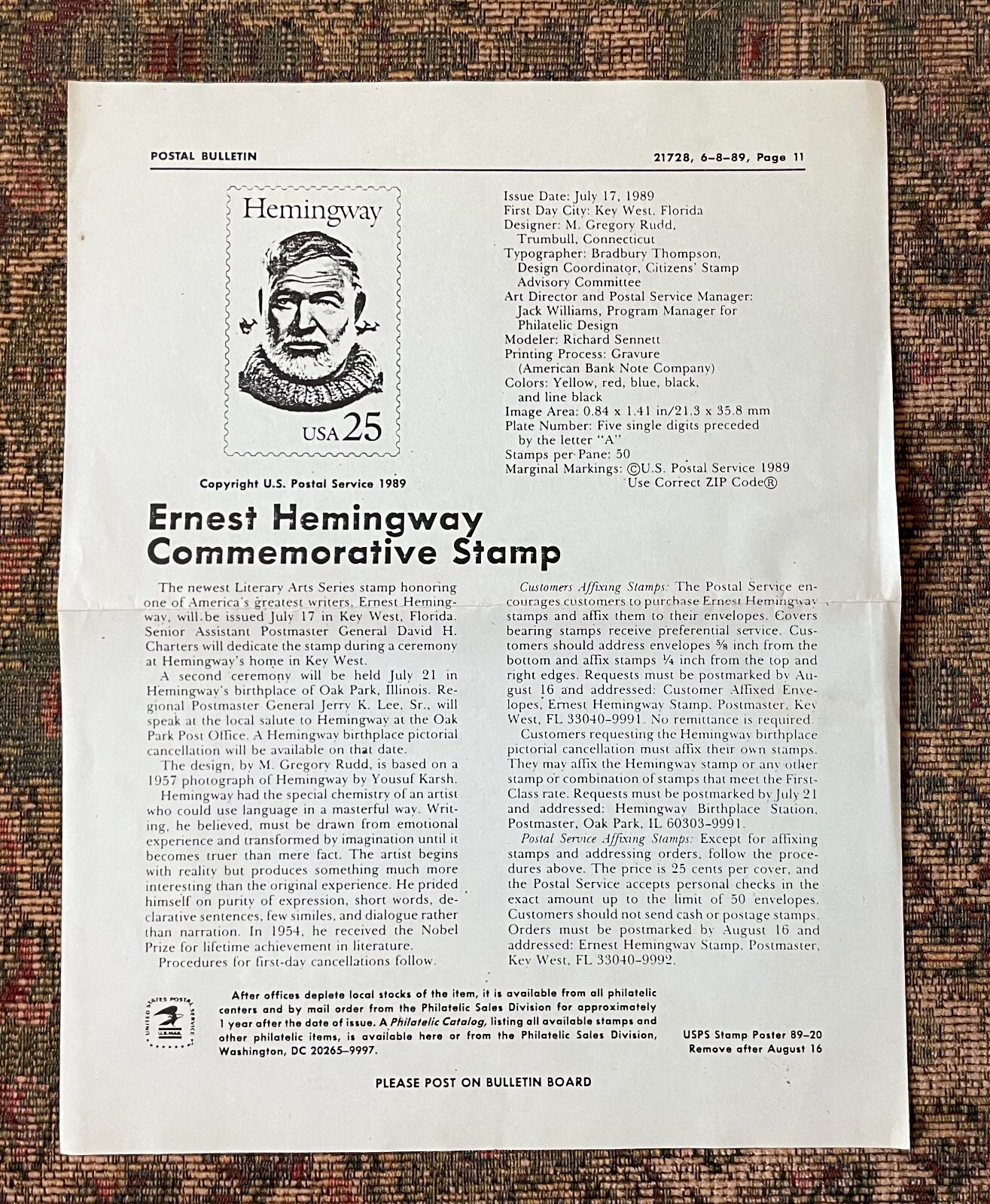 Ernest Hemingway 1989 FDC Signed Birthplace Ceremony Cover 17 ...