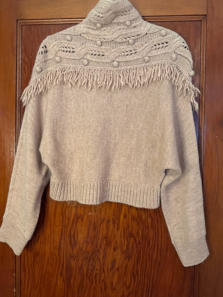 Rachel Zoe Dust Andie Fringed Sweater Tan Pom Poms and Fringe Sweater ...