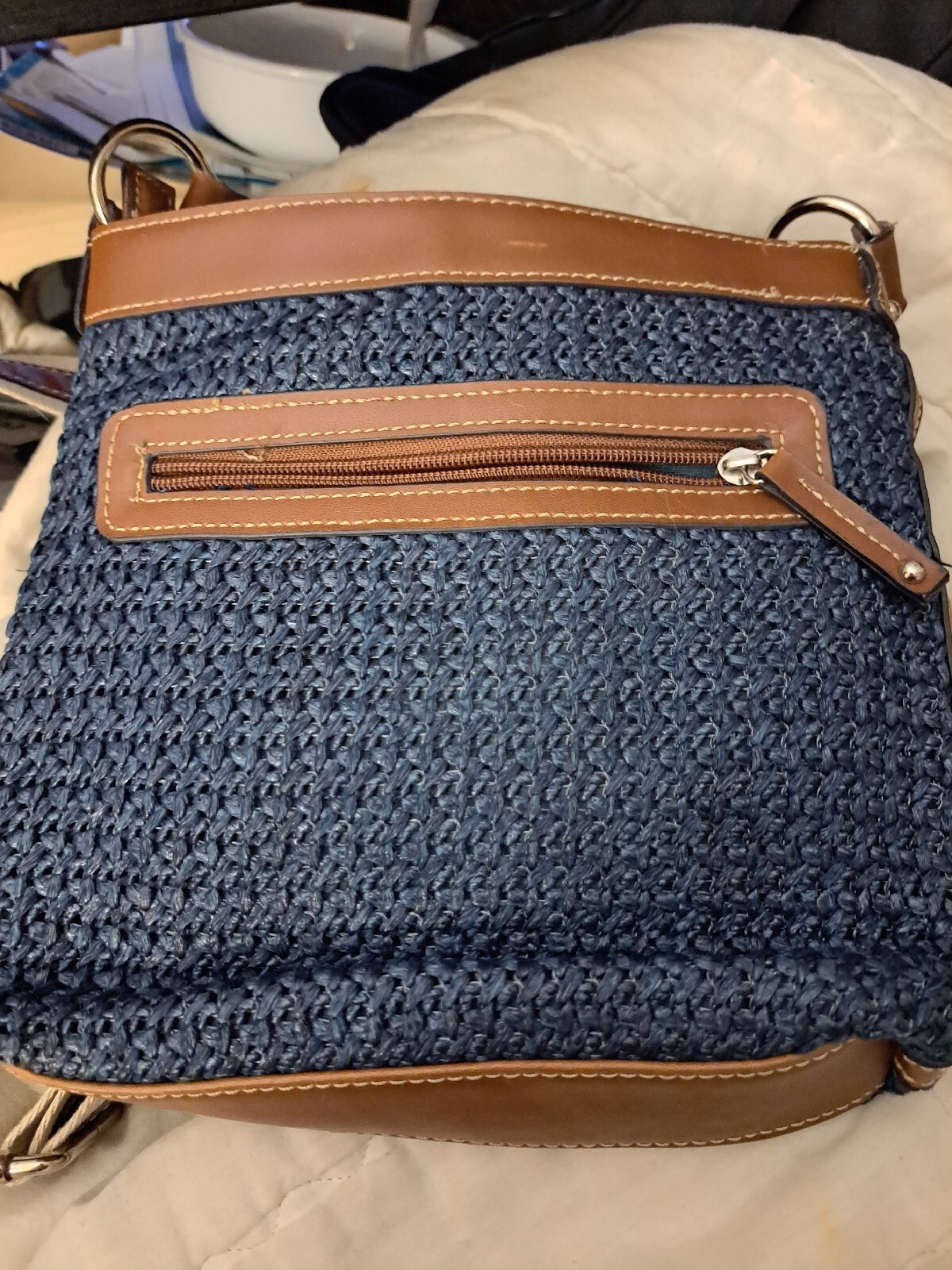 Chaps Crossbody Handbag Purse Ratan Woven Straw Navy Blue Brown Tan ...