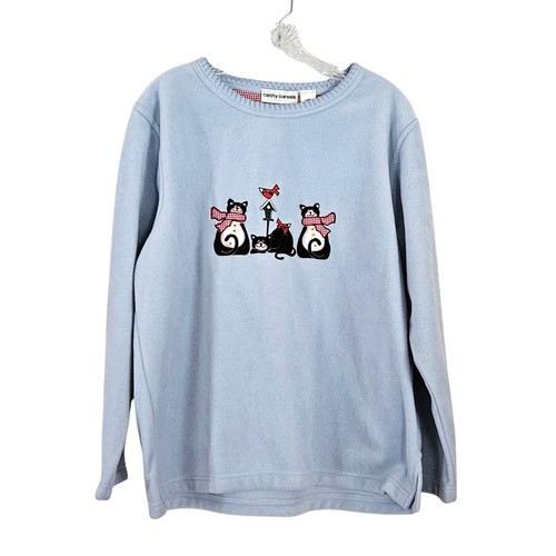 Cathy Daniels Lt. Blue Fleece Cat Print Long Sleeve Top Shirt Sz L NWT ...
