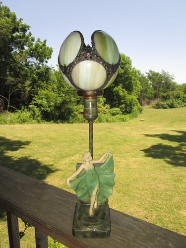 Antique Flapper Lady Metal Boudoir Lamp W/ Vintage Green Slag Glass ...