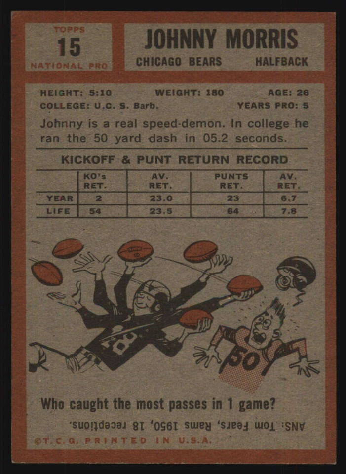 1962 Topps #15 Johnny Morris EX/EX+ SP Bears 570024 | eBay