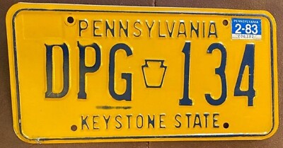 Pennsylvania 1983 KEYSTONE STATE License Plate NICE QUALITY # DPG-134 ...