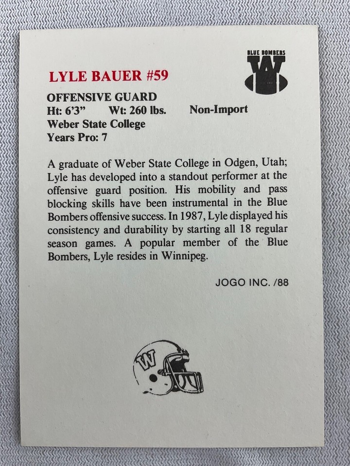 CFL 1988 JOGO Winnipeg Blue Bombers Football Card#59-Lyle Bauer (Weber ...