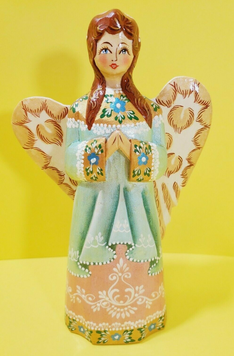 1997 Russian Hand Carved Wood Angel Doll Figurine Hand Painted Wings ...