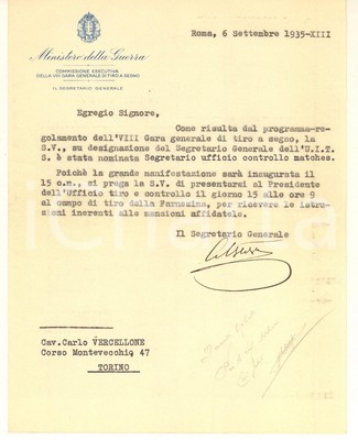 1935 ROMA Ministero della Guerra - Segretario Generale TIRO A SEGNO ...