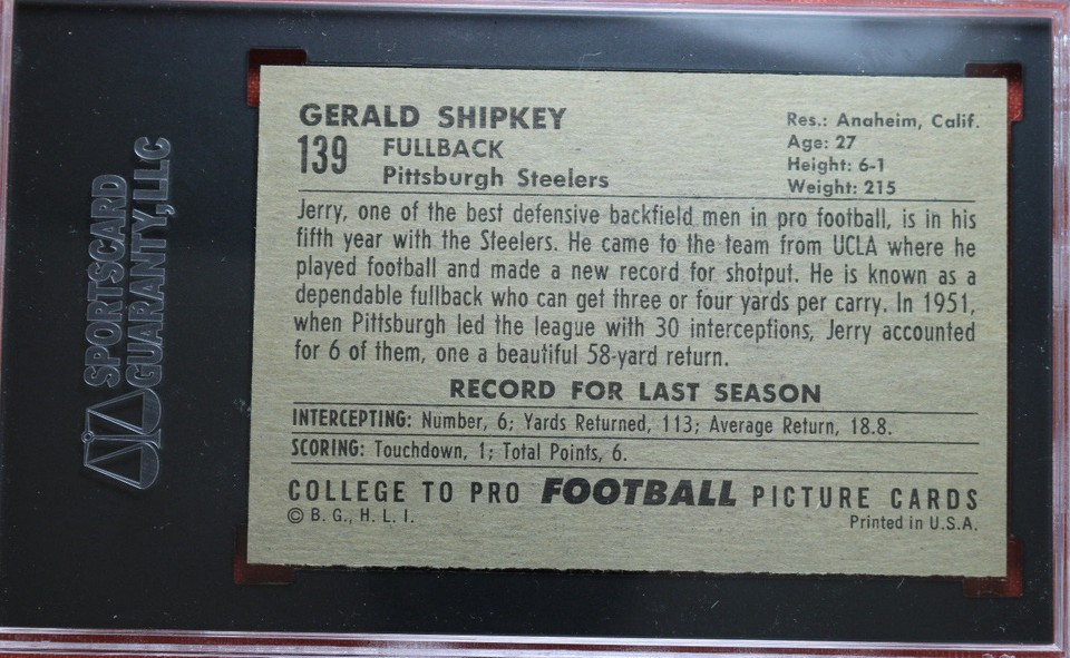 1952 Bowman (LARGE) JERRY SHIPKEY #139 football card SGC 82/6.5 EXMT+ ...
