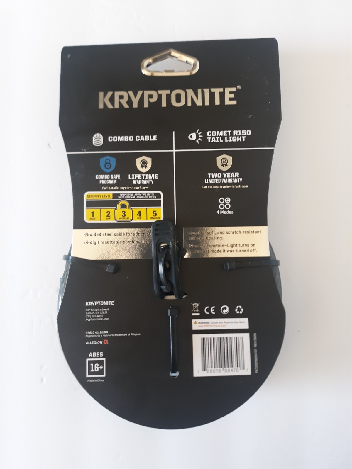 Kryptonite Combo Cable & Comet R150 Tail Light combination lock level 3 ...