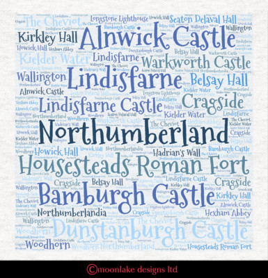 Northumberland Word Art fabric panel, Cushion Upholstery Craft Quilting ...