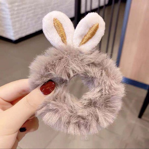 (Brown)Rabbit Ear Fuzzy Furry Hair Rings Cute Ponytail Holder Elastic ...
