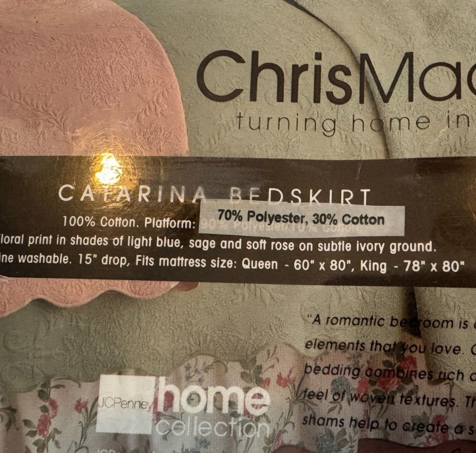 Vintage Queen Size Bedskirt Cottage Core Green Pink Rose Floral NEW ...