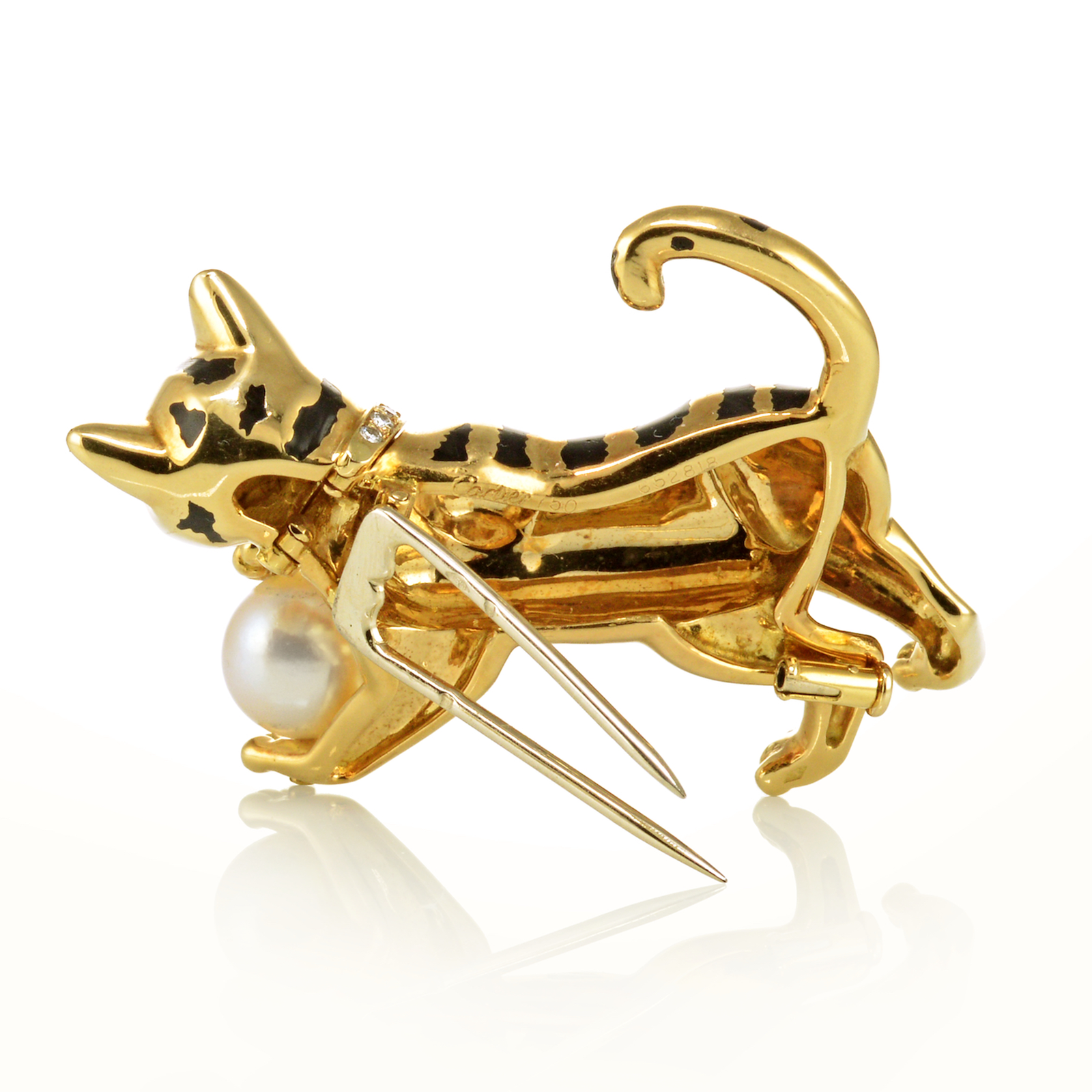 Cartier Enamel Cultured Pearl Diamond Emerald Cat Tiger Brooch 18K ...