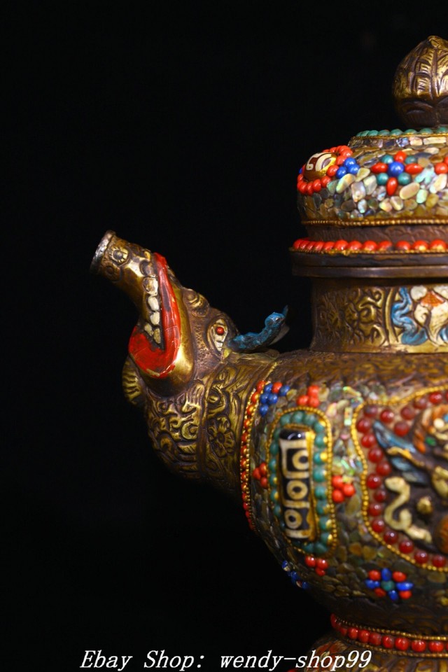 Old Tibet Bronze Gilt Painting Dzi Beads Winged Garuda Bird Beast Wine ...