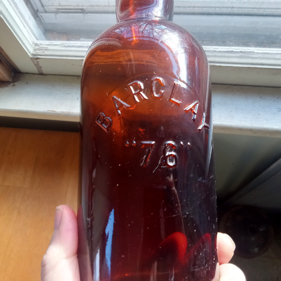 BARCLAY "76" AMBER LADY LEG NECK WHISKEY BOTTLE 1890s FROM F.P. GLUCK ...