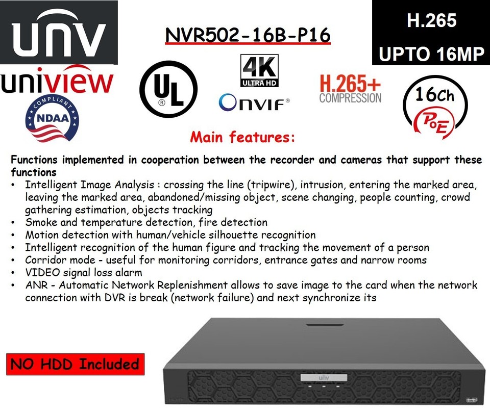 UNV Uniview NVR502-16B-P16 16Ch AI NVR H.265 UPTO 16MP/4K NVR 16xPOE ...