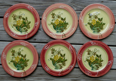 Set of 6 "Romancing Provence" Pottery Plates-Handpainted Grapes in Bowl ...