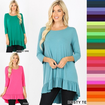 Women's Round Neck 3/4 Sleeve Ruffle Hi-Low Hem Rayon Top Loose Blouse ...