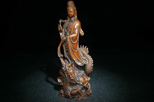 China Boxwood Sculpture Kwan-yin Wooden Statue Dragon Thinking Woman ...