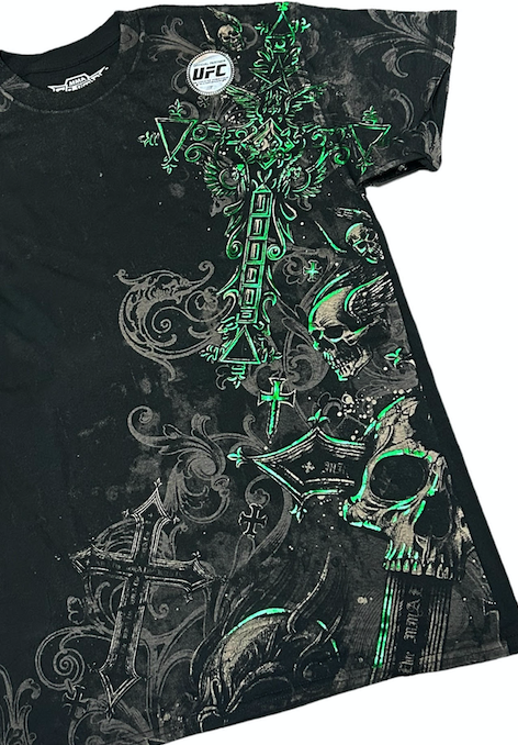 Rare MMA ELITE Black Green Foil Skulls Cross Short Sleeve Y2K T-shirt ...