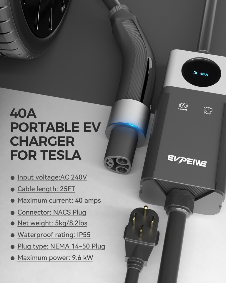 Tesla Level 2 EV Charger 25FT 40A 9.6KW NEMA14-50 For Model 3/Y/X/S ...