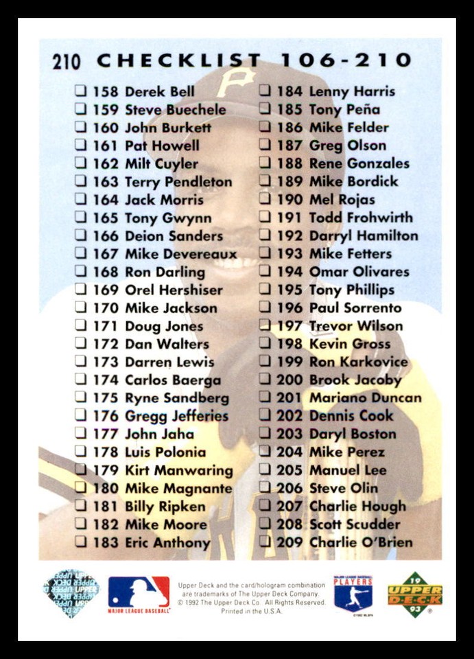1993 Upper Deck #210 Checklist: 106-210 | eBay