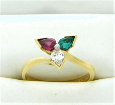 RUBY DIAMOND EMERALD ESTATE RING DESIGNER TRIANGULAR SHAPE 18K | eBay