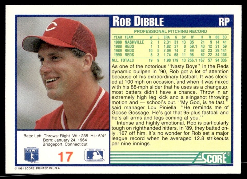 1991 Score Baseball Card Rob Dibble Cincinnati Reds #17 | eBay