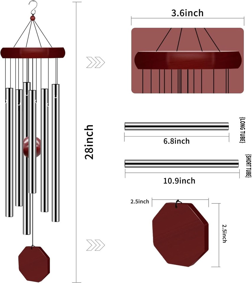 28" Wind Chimes Large Deep Tone Chapel Bells 6 Tubes Outdoor Garden ...