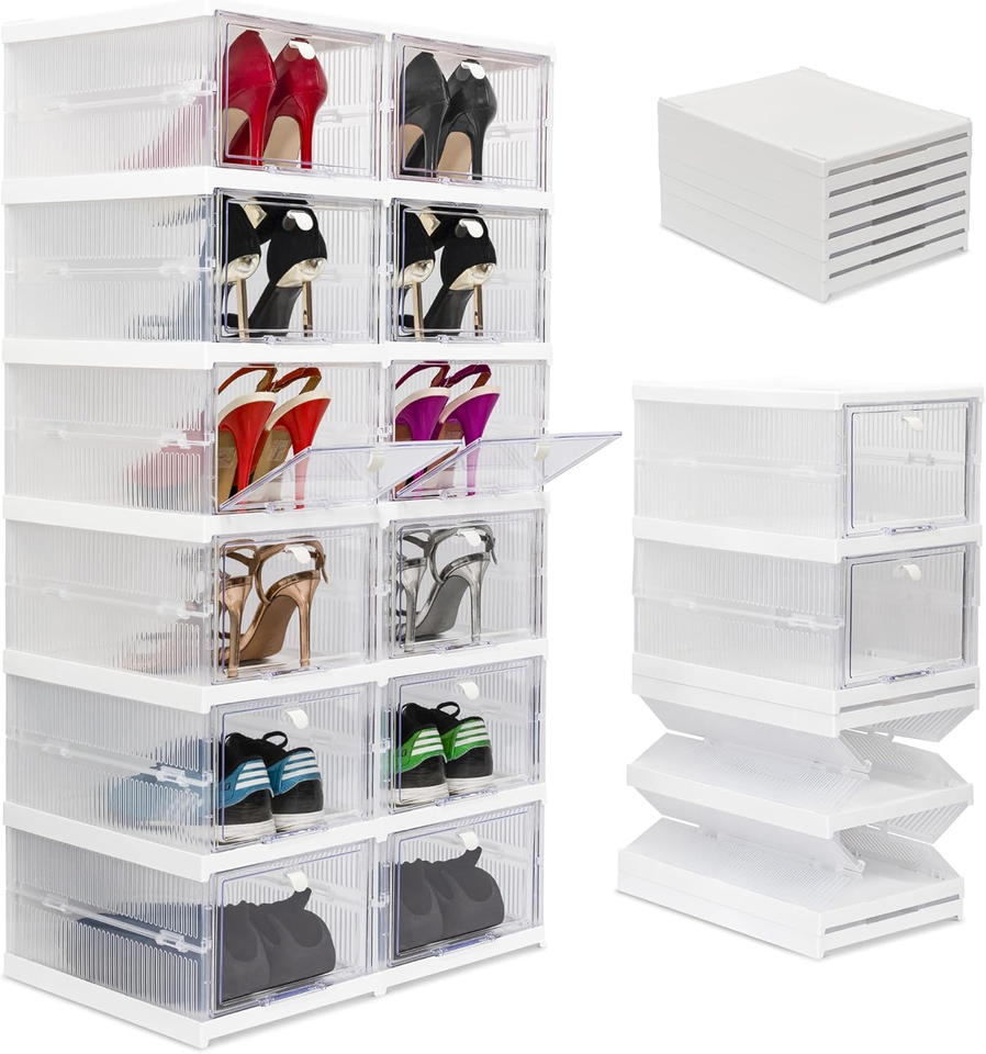 Collapsible Shoe Rack Organizer - 12-Compartment Clear Door Storage ...