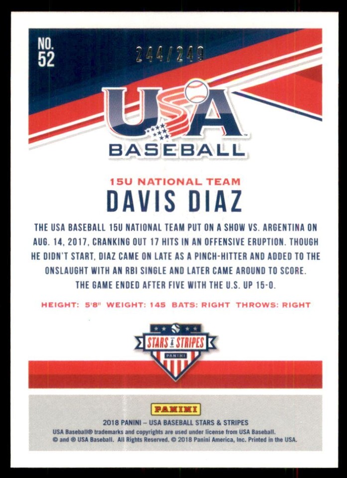 2018 USA Baseball Stars/Stripes Longevity Ruby #52 Davis Diaz /249 | eBay