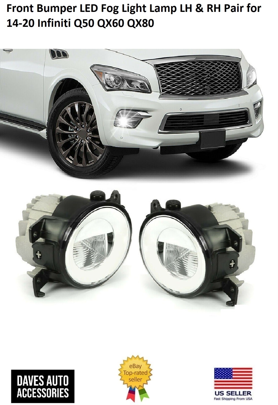 Front Bumper LED Fog Light Lamp LH & RH Pair for 14-20 Infiniti Q50 ...