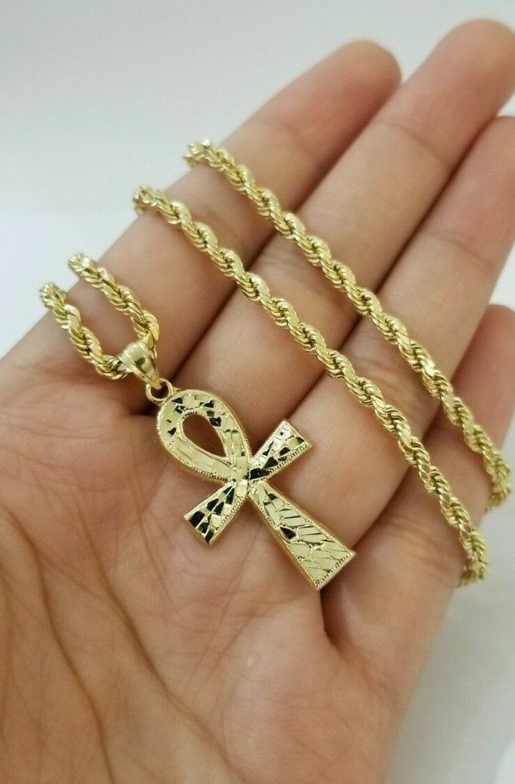 REAL 10k Yellow Gold Rope Chain Ankh Cross Charm Pendant 3mm Necklace ...