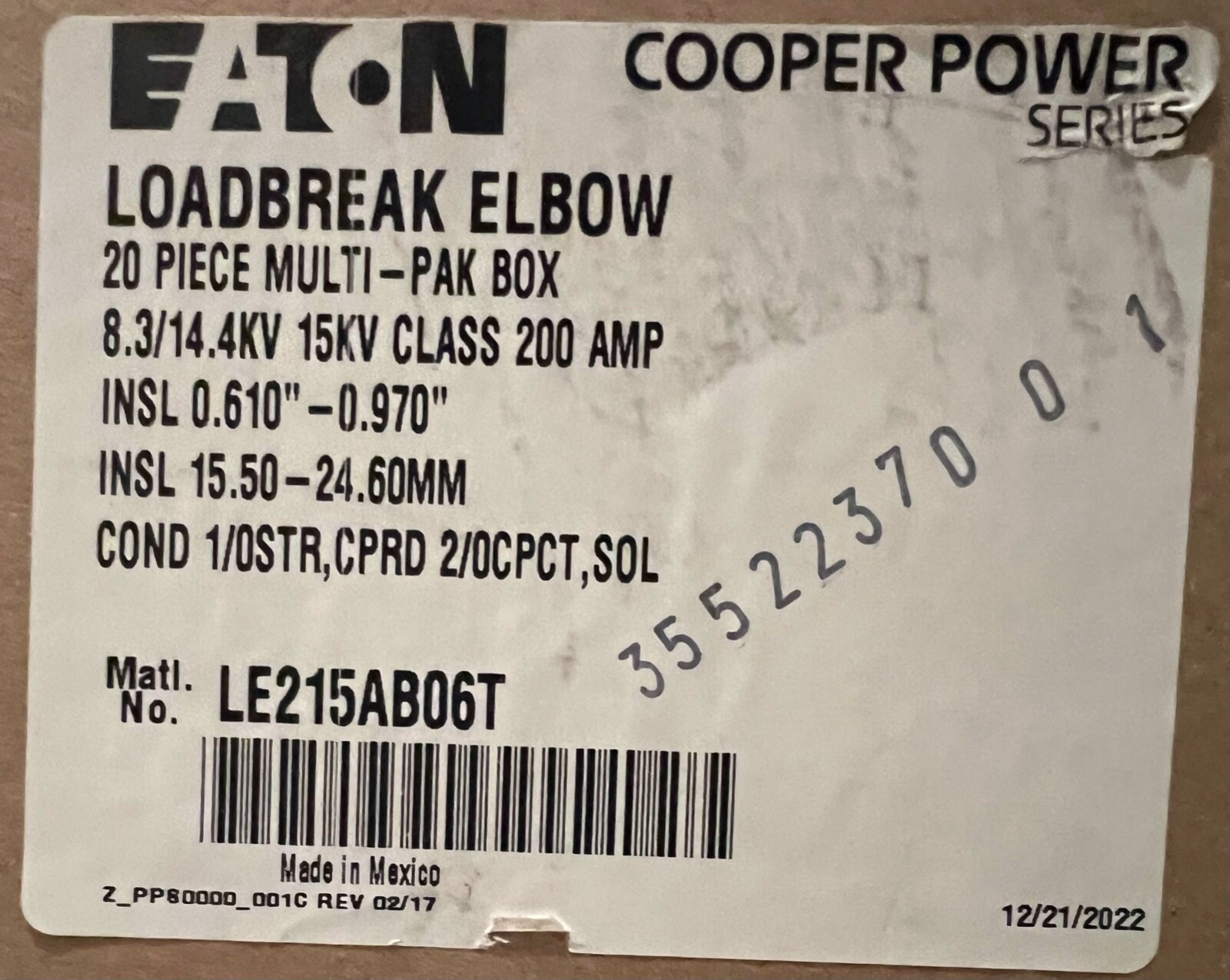 EATON Cooper Power Loadbreak Elbow Connector LE215AB06T Class 200A 15 ...