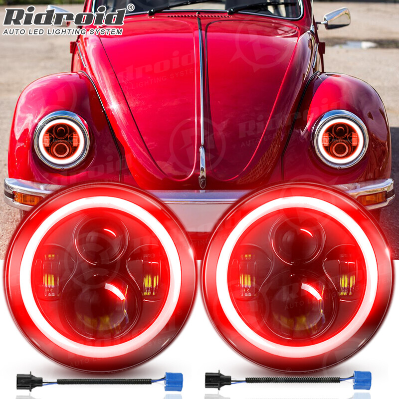 For VW Beetle 1950-1979 Pair 7" Inch Round LED Headlight Red Halo DRL ...