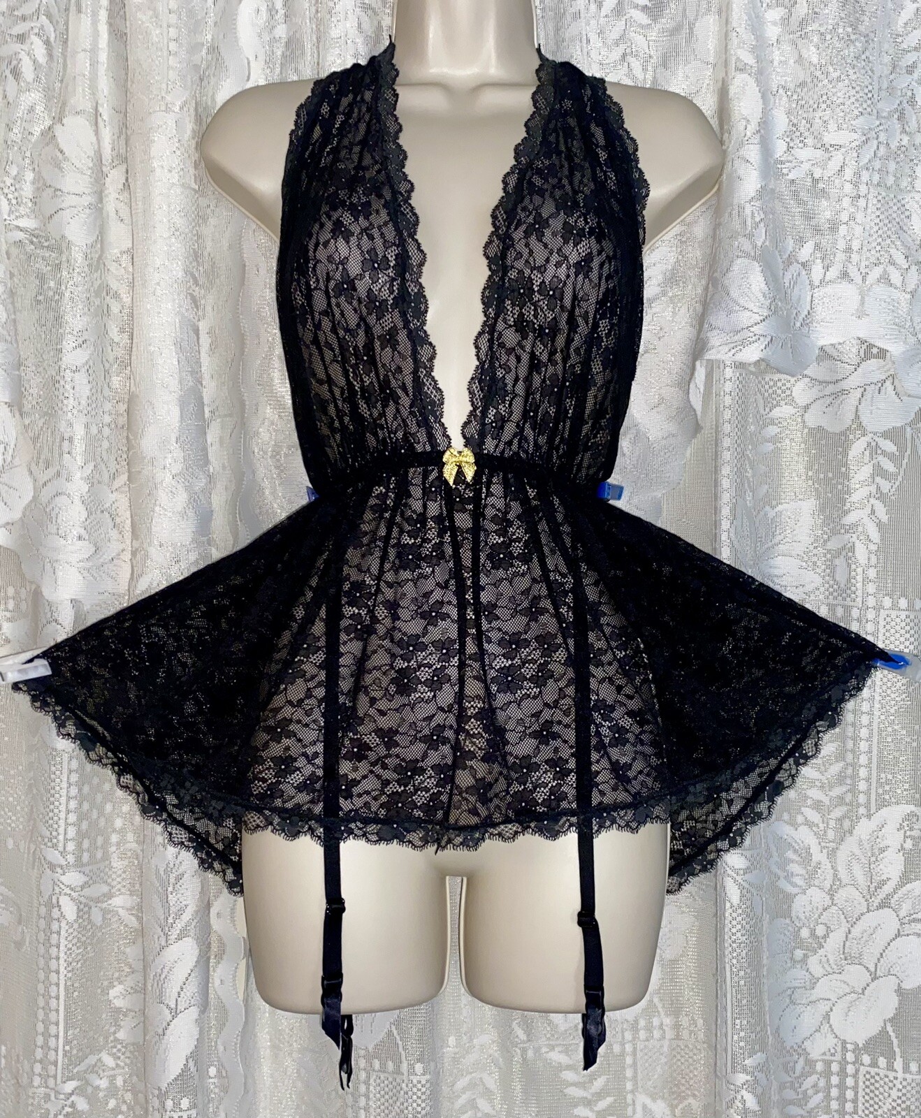 VTG XL+ Victoria's Secret Black Lace Halter Top NIGHTIE Bustier Corset ...