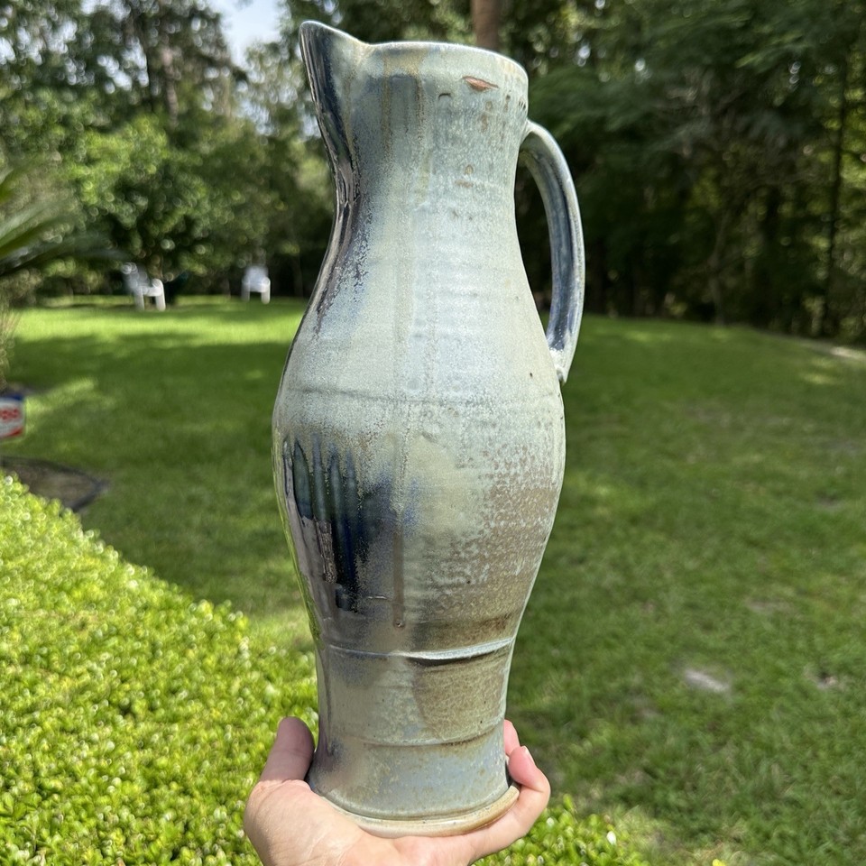 Tim Sherman Studio Pottery Pitcher Wood Fired Blue Drip Ash Glaze ...