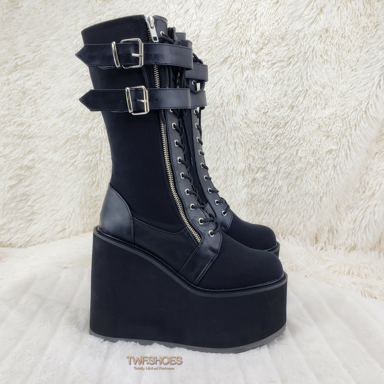 Swing 221 Black Canvas Goth Rave Knee Boot 5.5" Platform DEMONIA NY | eBay