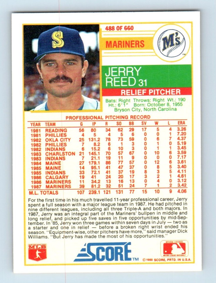 1988 Score Jerry Reed Seattle Mariners #488 | eBay