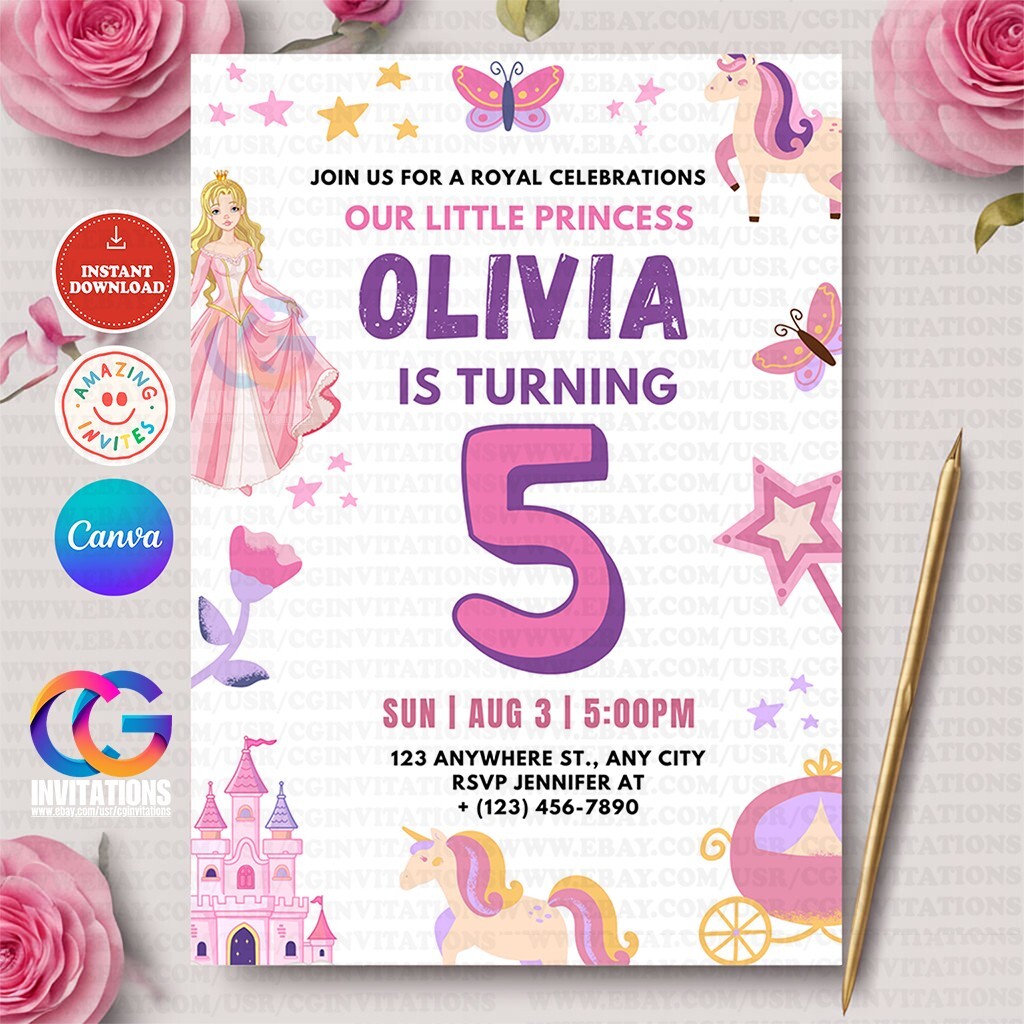 Royal Princess Invitations Princess Invitation Pink Gold Customized