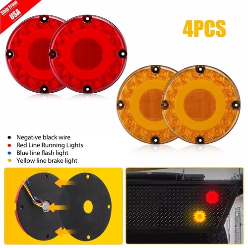 4PCS Red/Amber 7inch Round LED Trailer Truck Bus Tail Light Stop Turn ...