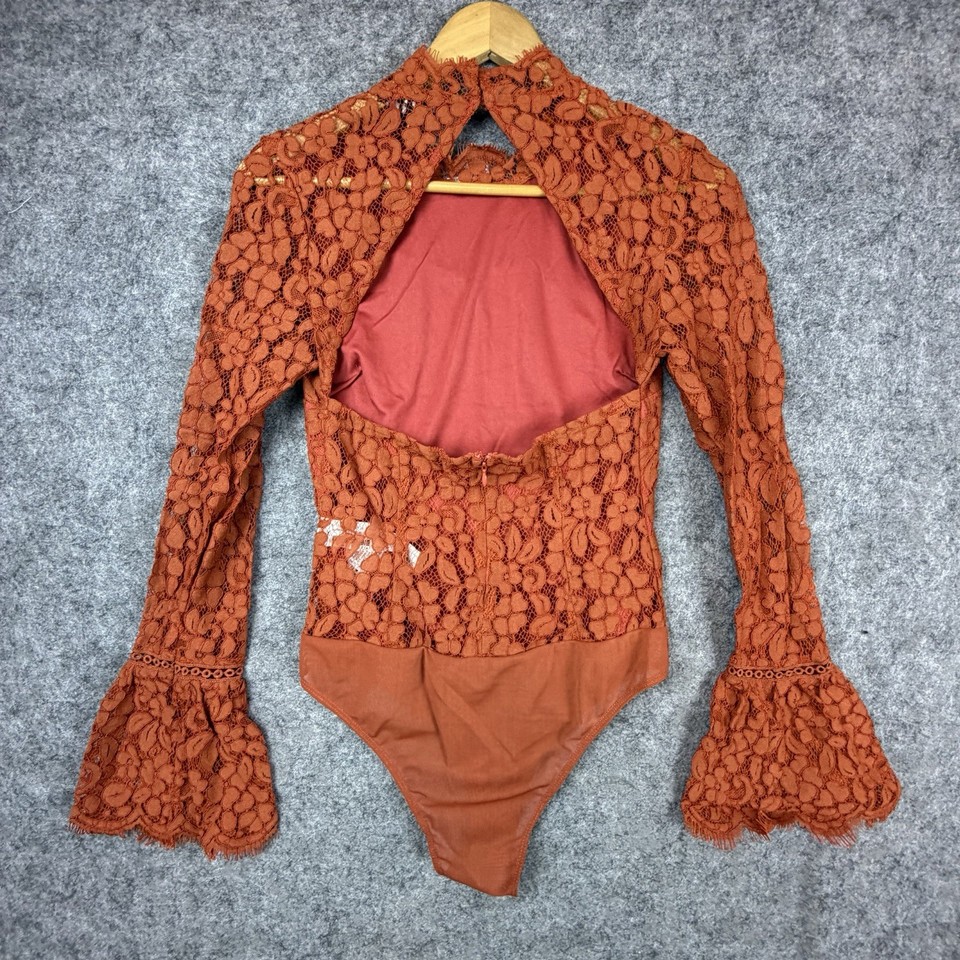 Endless Rose Bodysuit Women XS Brown Orange Lace Overlay Cut Back ...
